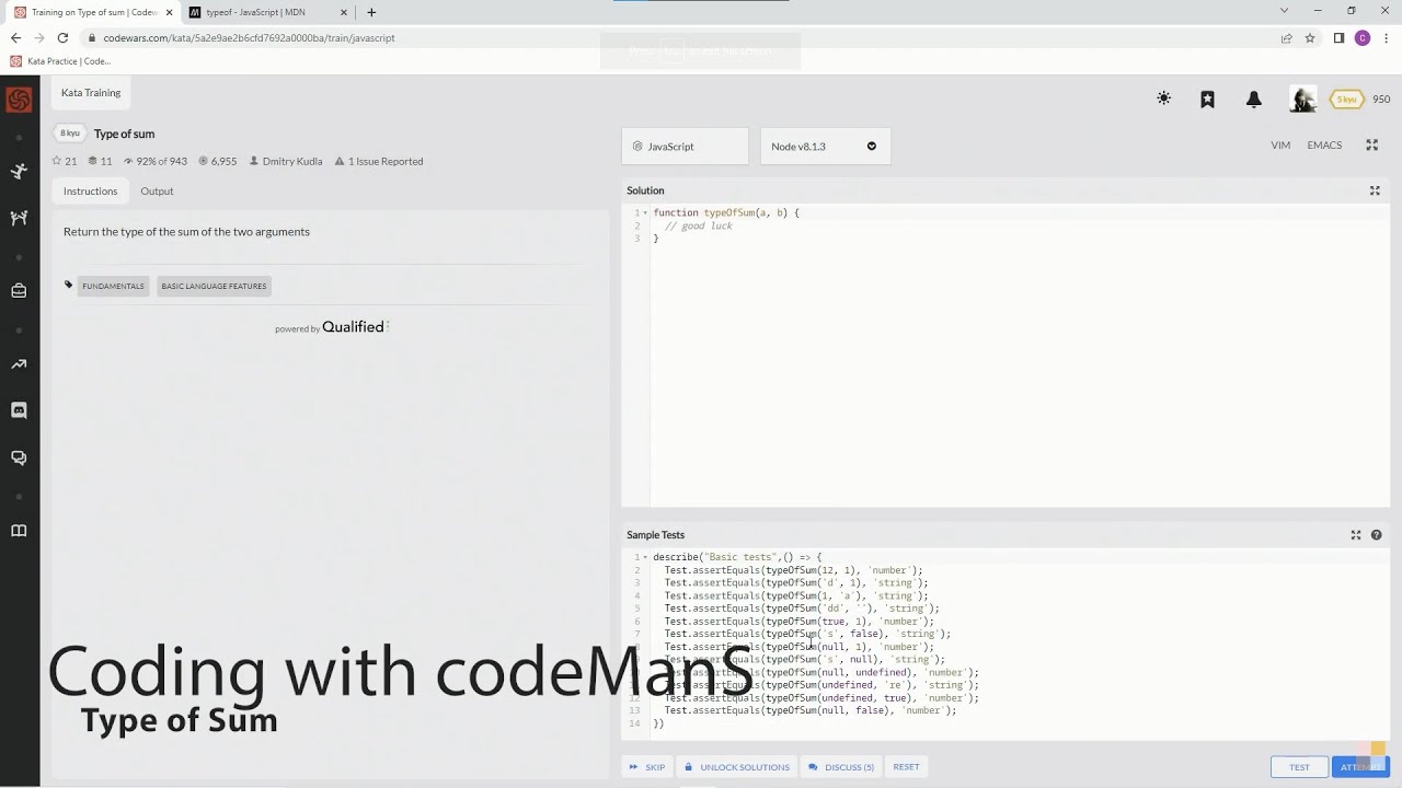 Codewars 8 kyu Type of Sum JavaScript