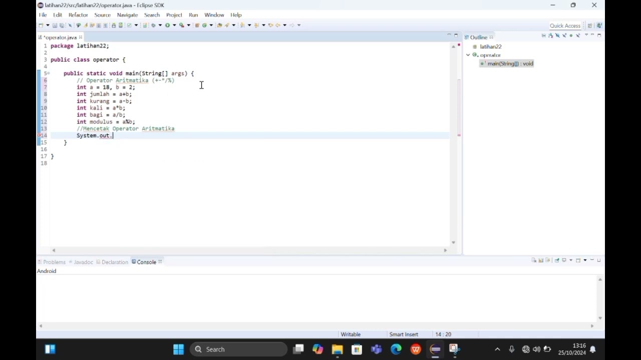 tutorial ngoding operator aritmatika di eclipse