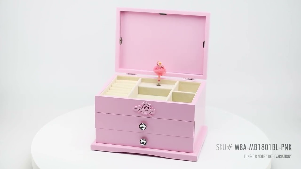 MBA-MB1801BL-PNK - Spacious Pink Carved Floral Design Spinning Ballerina Jewelry Box