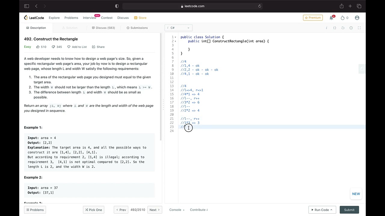 Construct the Rectangle #leetcode #csharp #easy