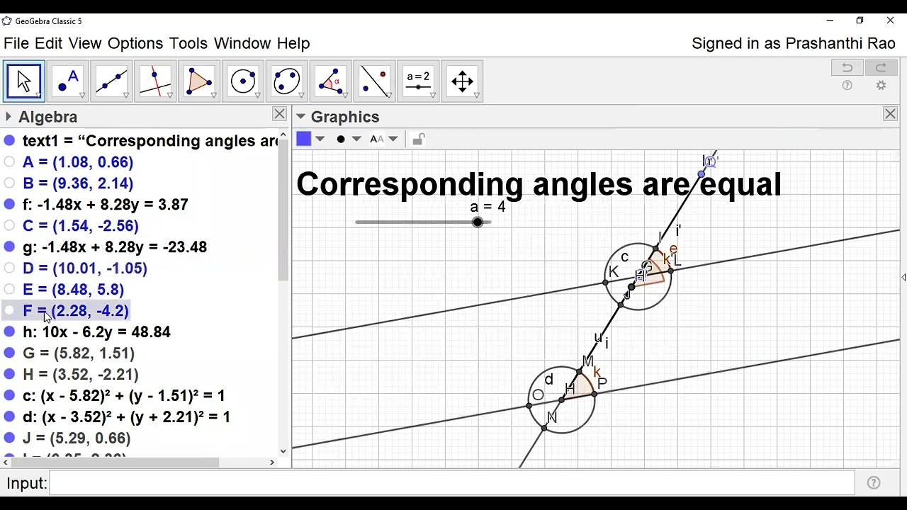 Class-123: A simple simulation to show the Corresponding angles using Geogebra