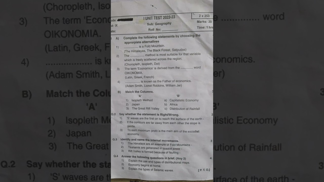1st unit test paper of class 9 geography of English medium