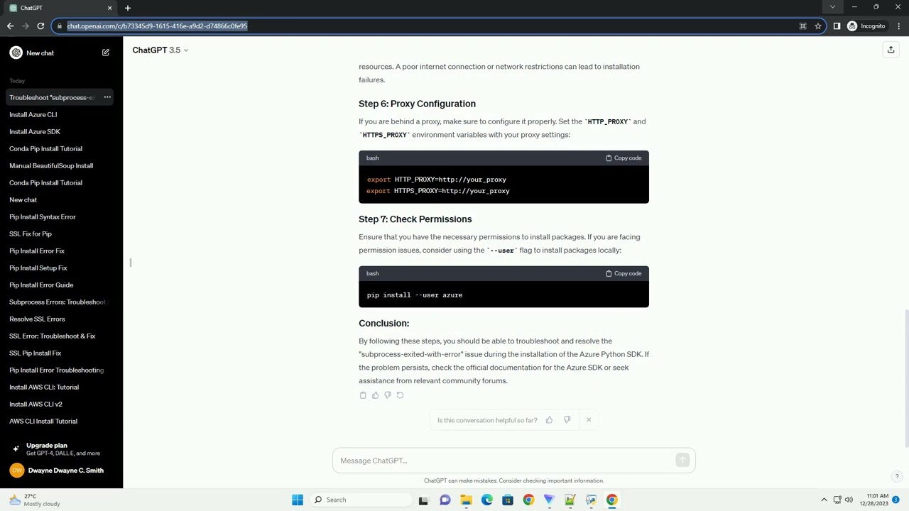 pip install azure subprocess exited with error