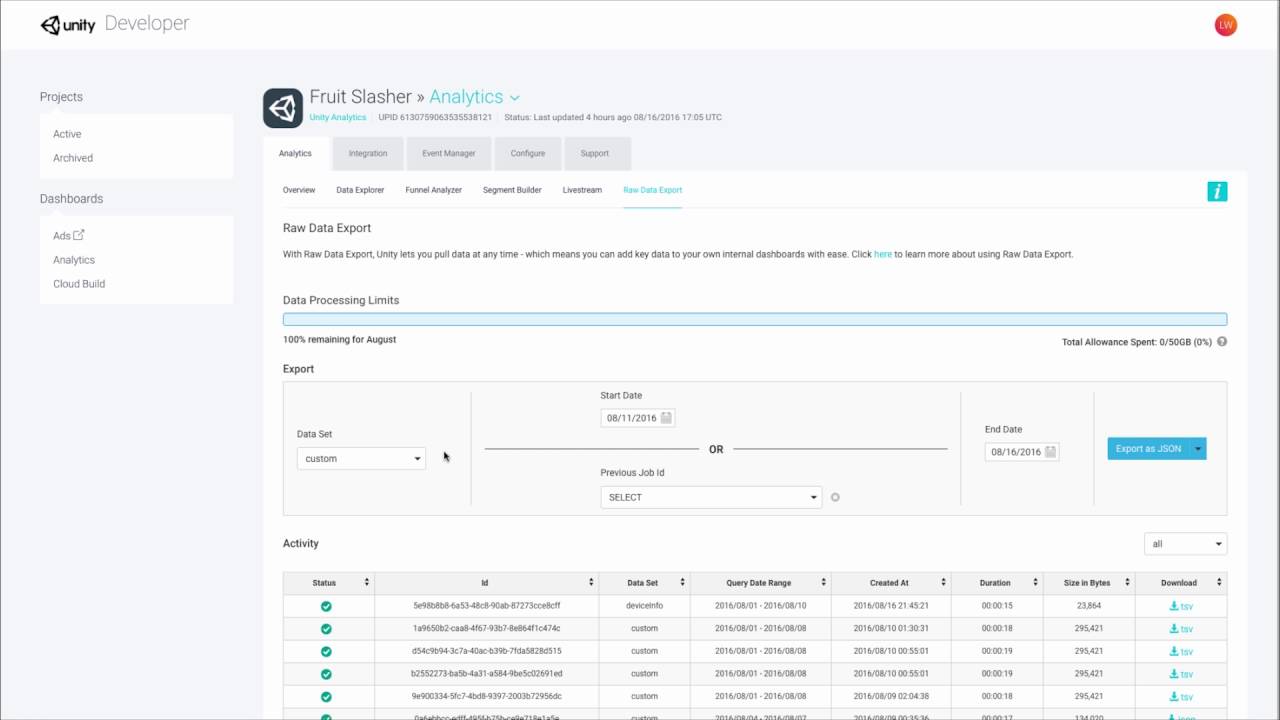 Unity Analytics Raw Data Export Demo