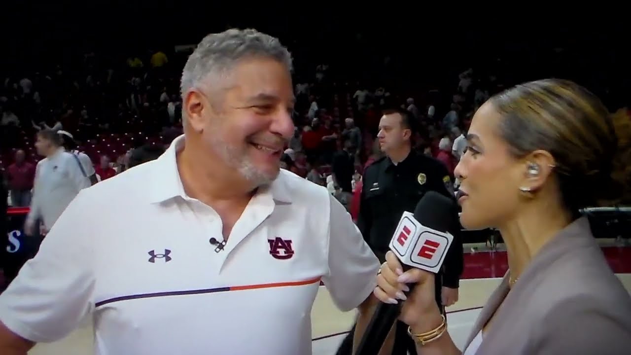 Auburn coach Bruce Pearl interviewed after 94-85 win over Alabama