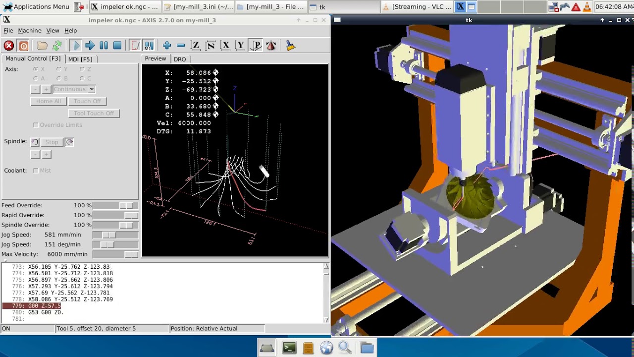 5 axis table-table vismach simulation (Kinematics LinuxCNC & Fusion360 NC code)