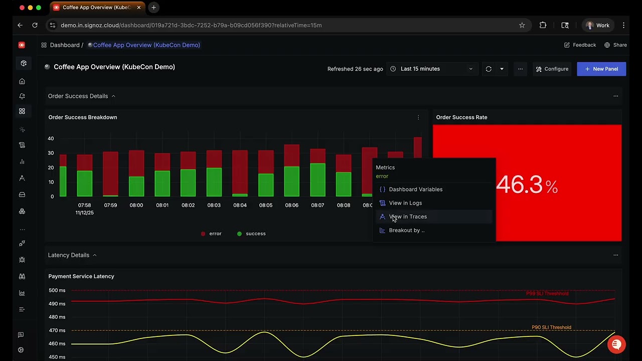 SigNoz Demo Video - Interactive Dashboards and Correlation