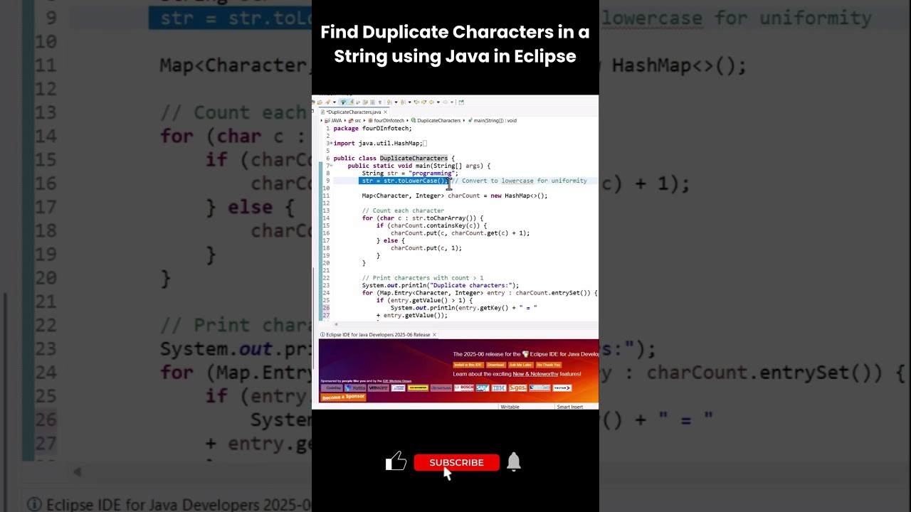 Find Duplicate Characters in a String using Java in Eclipse | Java Practice