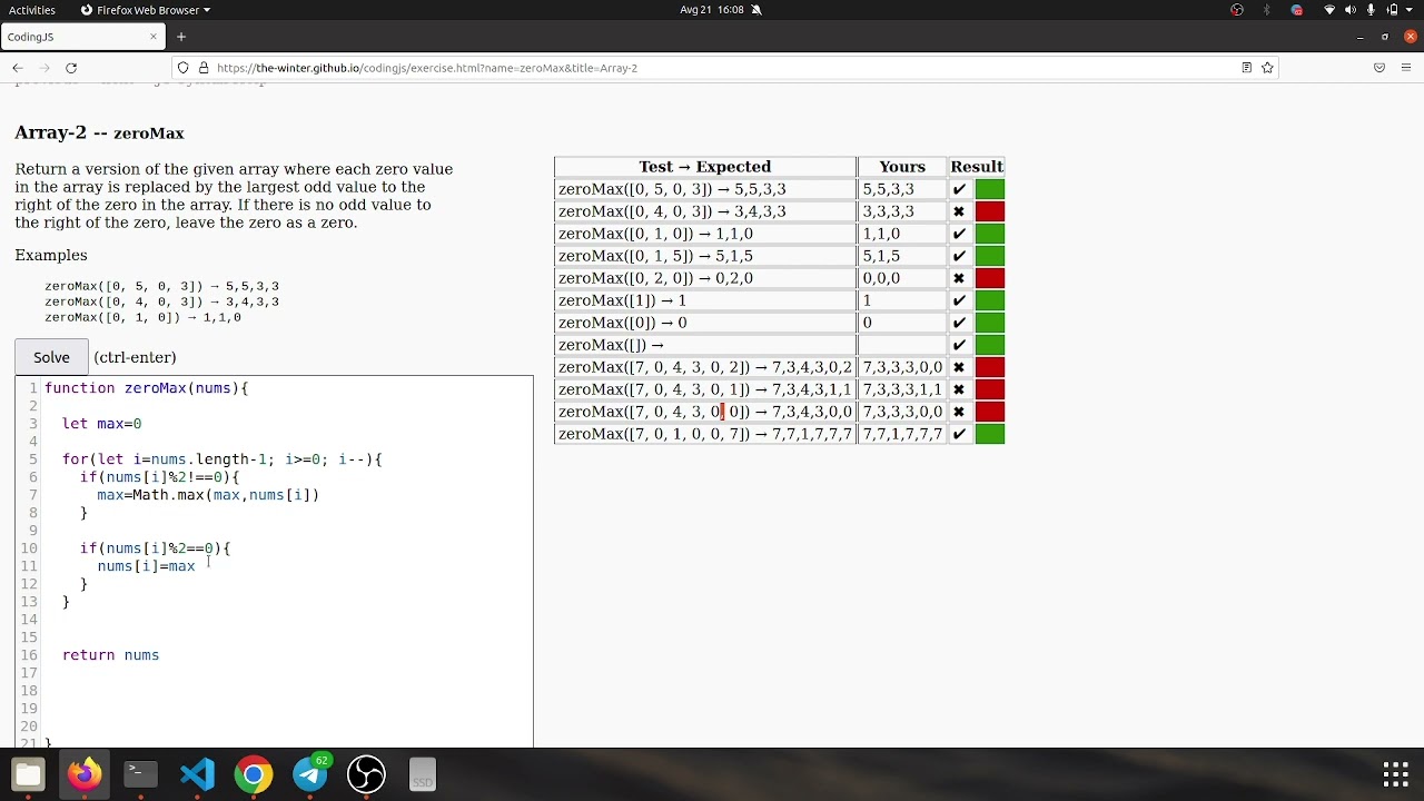 Codingjs (CodingBat)  Array-2 -- zeroMax  Javascript solution