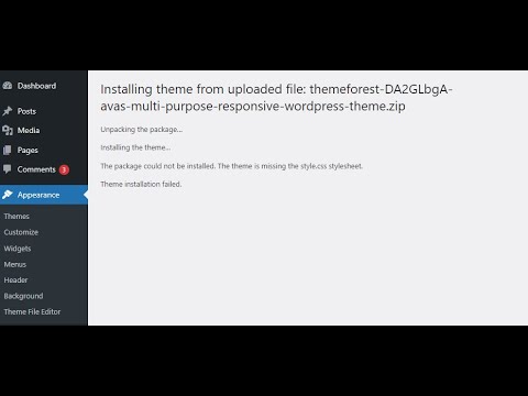 The package could not be installed. The theme is missing the style.css stylesheet.