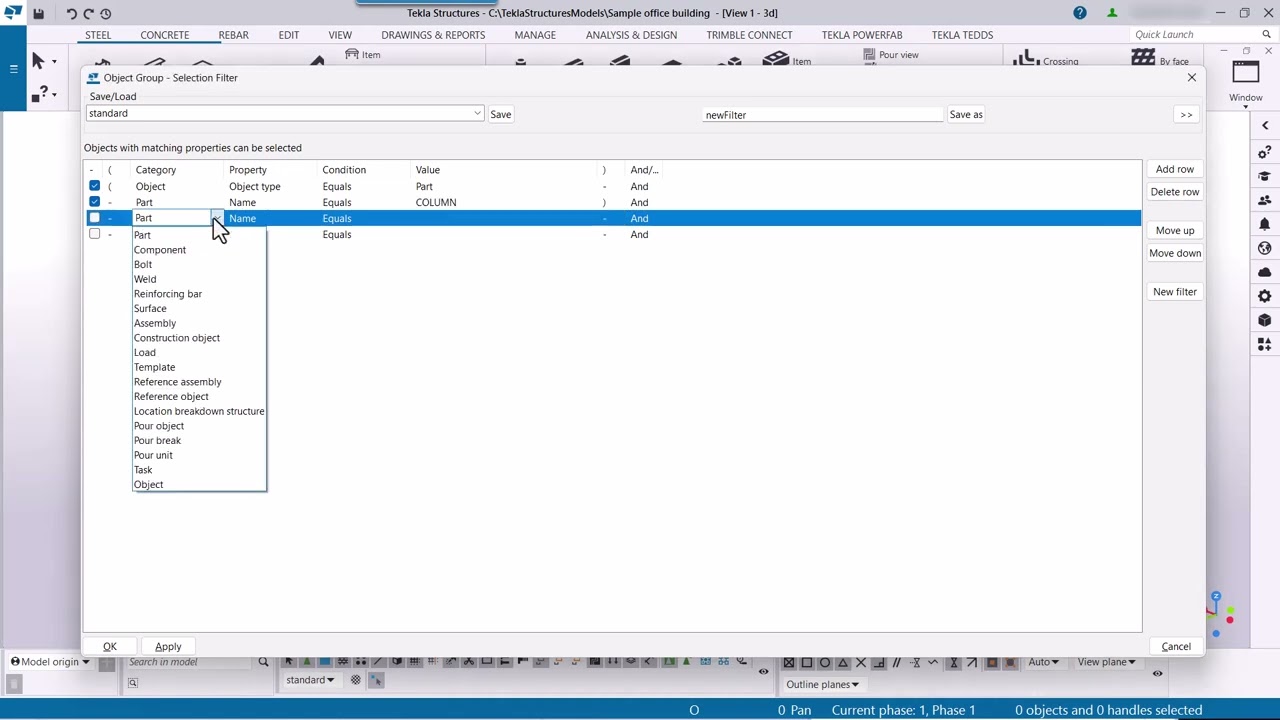 Create selection filters in Tekla Structures
