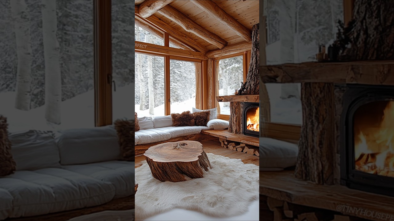 Rustic room with wooden walls, cozy sofa, and winter views.🤍