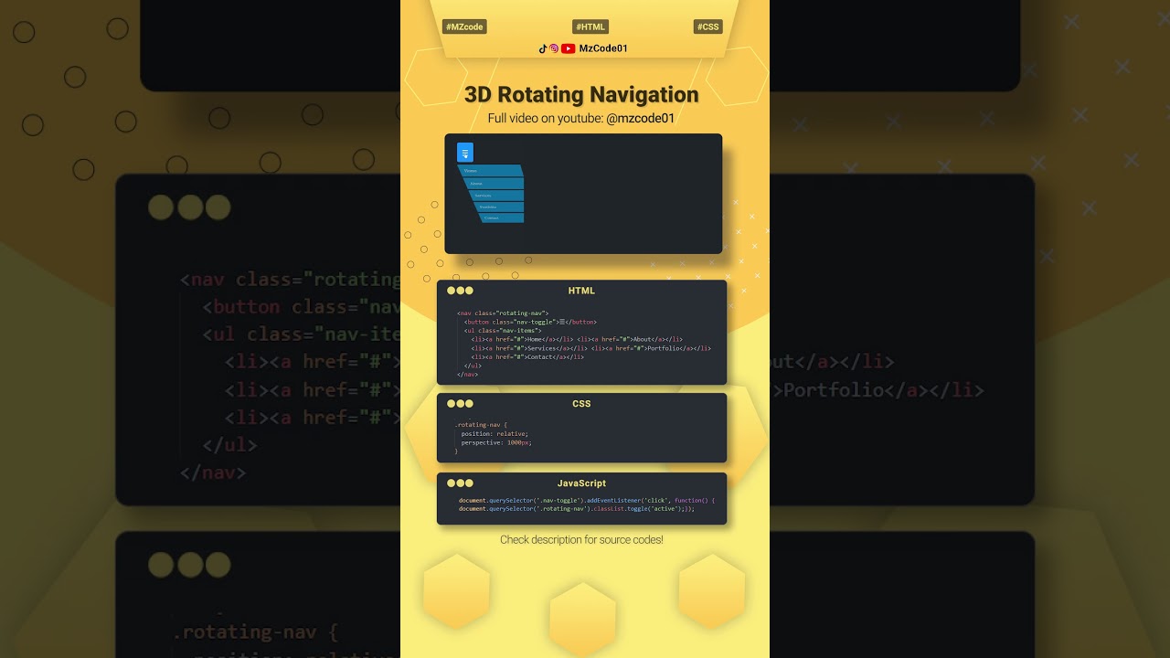 3D Rotating Navigation Menu Hamburger Style – HTML, CSS & JavaScript Tutorial