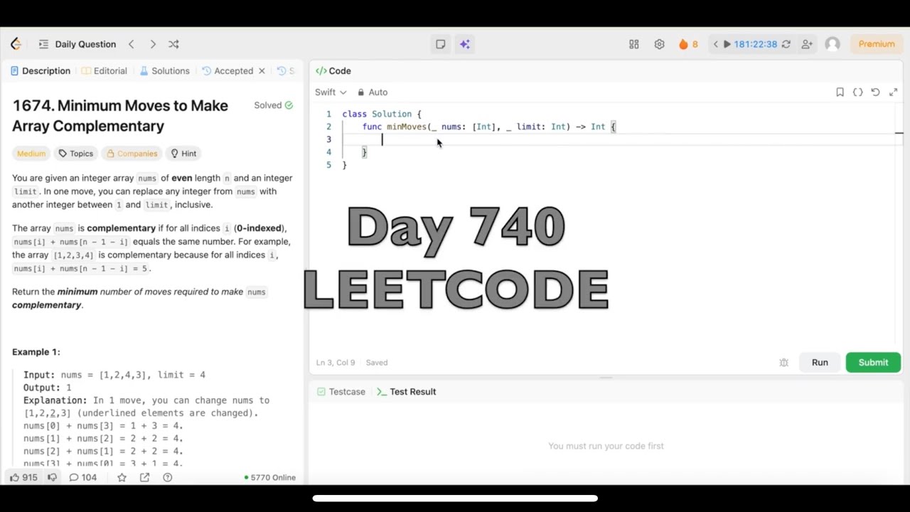 Day 740: LeetCode Problem 1674. Minimum Moves to Make Array Complementary - Swift