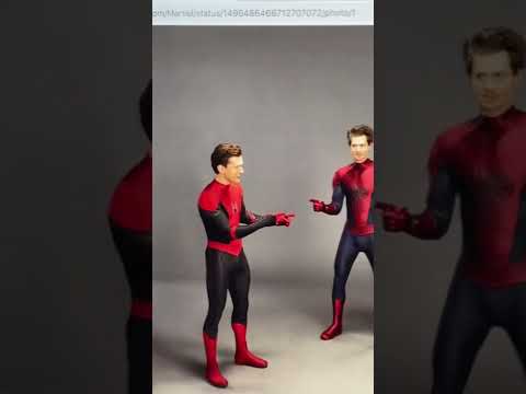 Tobey Maguire, Andrew Garfield and Tom Holland pointing meme on set of Spider-Man: No Way Home