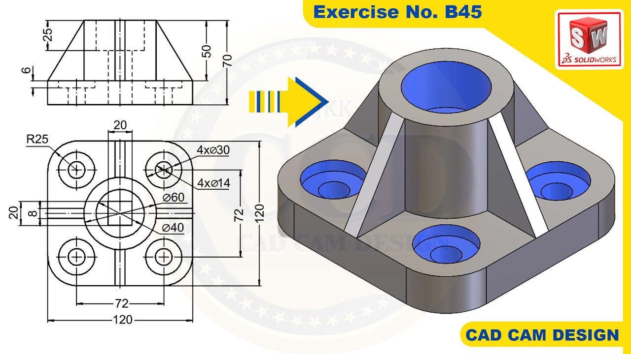 SolidWorks 2D drawing to 3D Model Tutorial  Exercise  B45