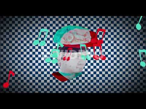 Animation of antique head sculpture with music notes on black and white checkered background