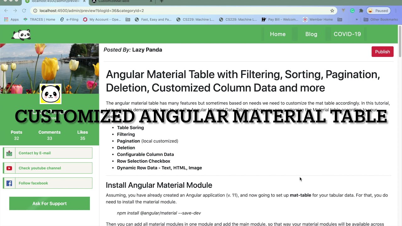 Angular Material Table with Filtering, Sorting, Pagination, Deletion, Customized Column Data