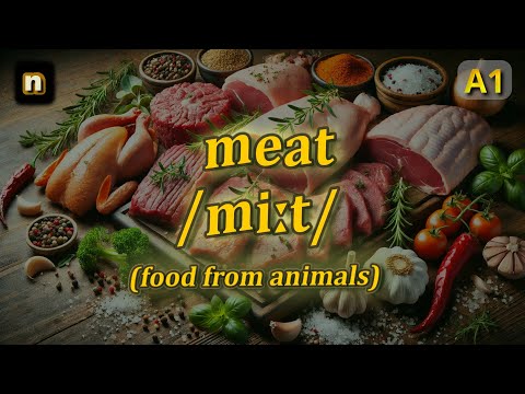 [n] Meat meaning (food from animals) with 5 examples