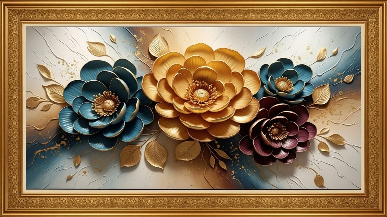 Modern Gold & Teal Flower Art 4K ✨ | 6-Hour Premium AI Painting for Frame TV (Still Display)