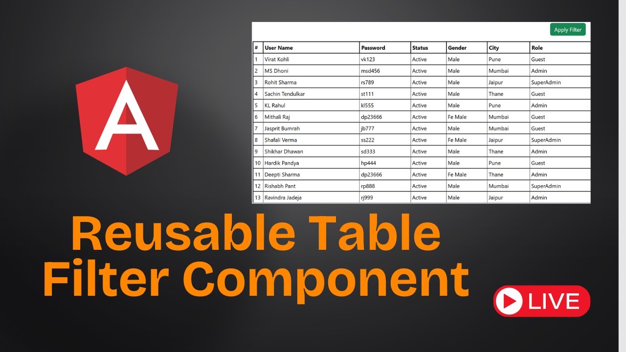 Angular Reusable Component | Reusable Filter Table Component | Live Session Recording
