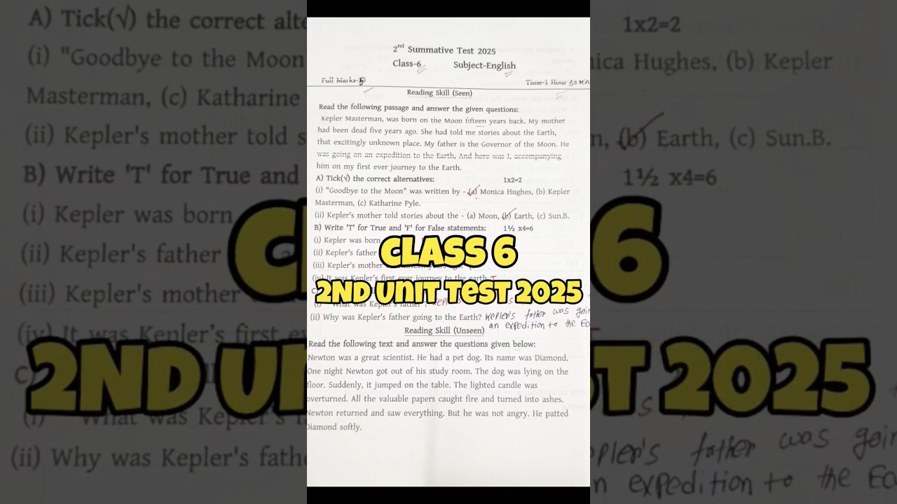 Class 6 English 2nd Unit Test Question Paper 2025 | Cass 6 English 2nd Unit Test Suggestion 2025