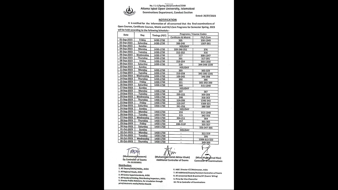 AIOU Matric, FA, I.Com Date Sheet Spring 2023