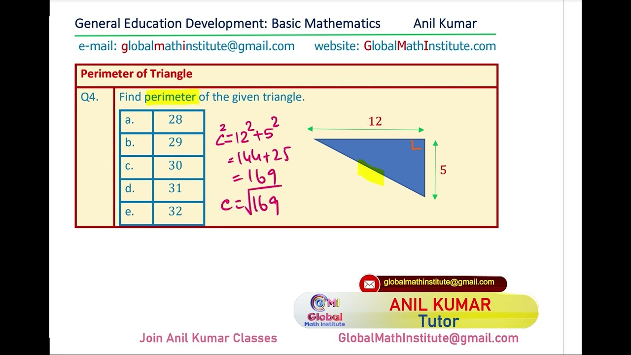 Triangle Area Perimeter Pythagorean Theorem 10 Examples GED Math Test Grade 8