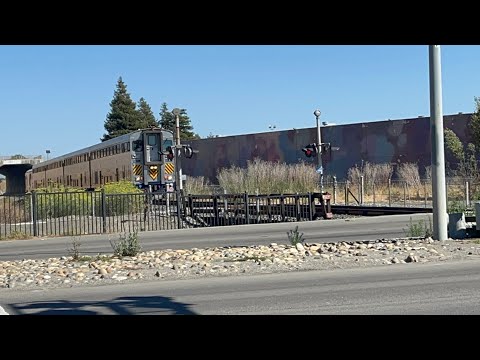 Amtrak capital corridor train #542 passes industrial Pkwy Blvd in Hayward CA CDTX 8304 leading