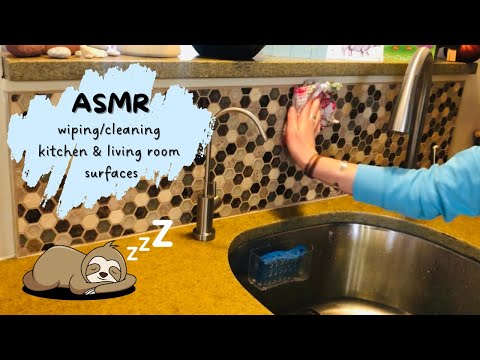 ASMR wiping/cleaning kitchen & living room surfaces w/ spray & cloth/sponge/paper towel. No talking.