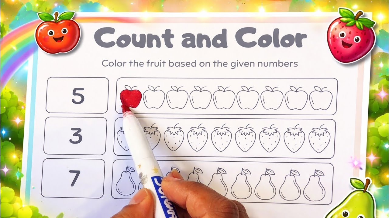 Count and Color Fruits 🍎🍓 | Numbers & Colours Worksheet for Kids | Preschool Learning