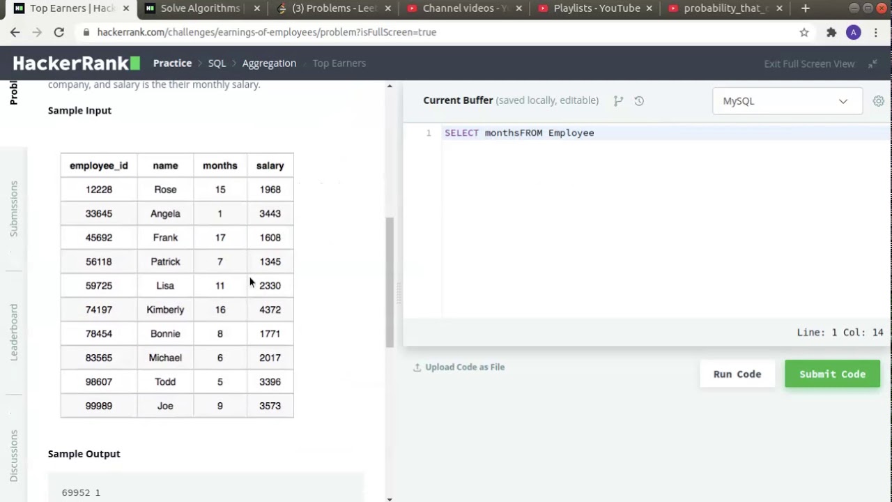THE TOP EARNERS SQL HACKER RANK
