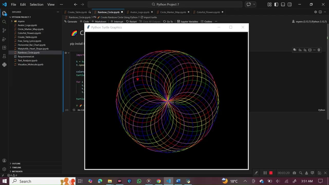 Python Turtle Graphics Tutorial | Rainbow Circle Pattern
