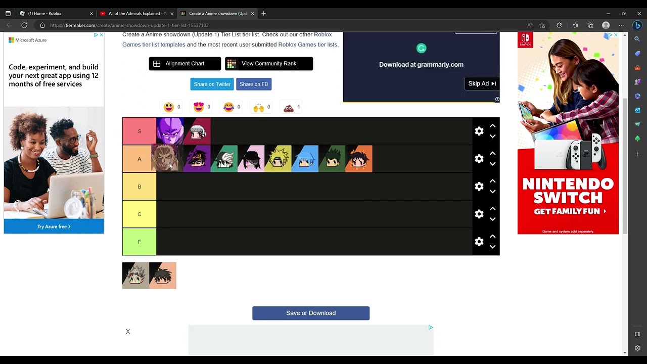 Create a Anime showdown Update 1 Tier List