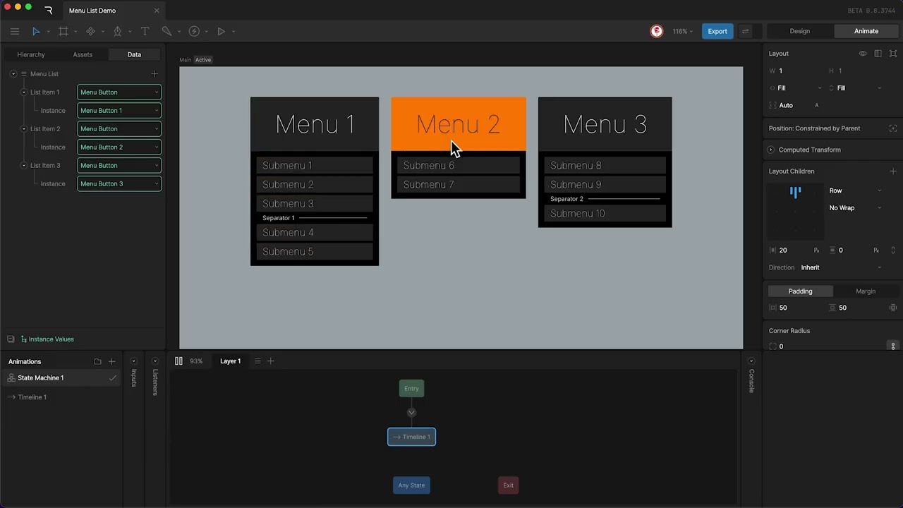 How to create a menu with different options using lists in Rive
