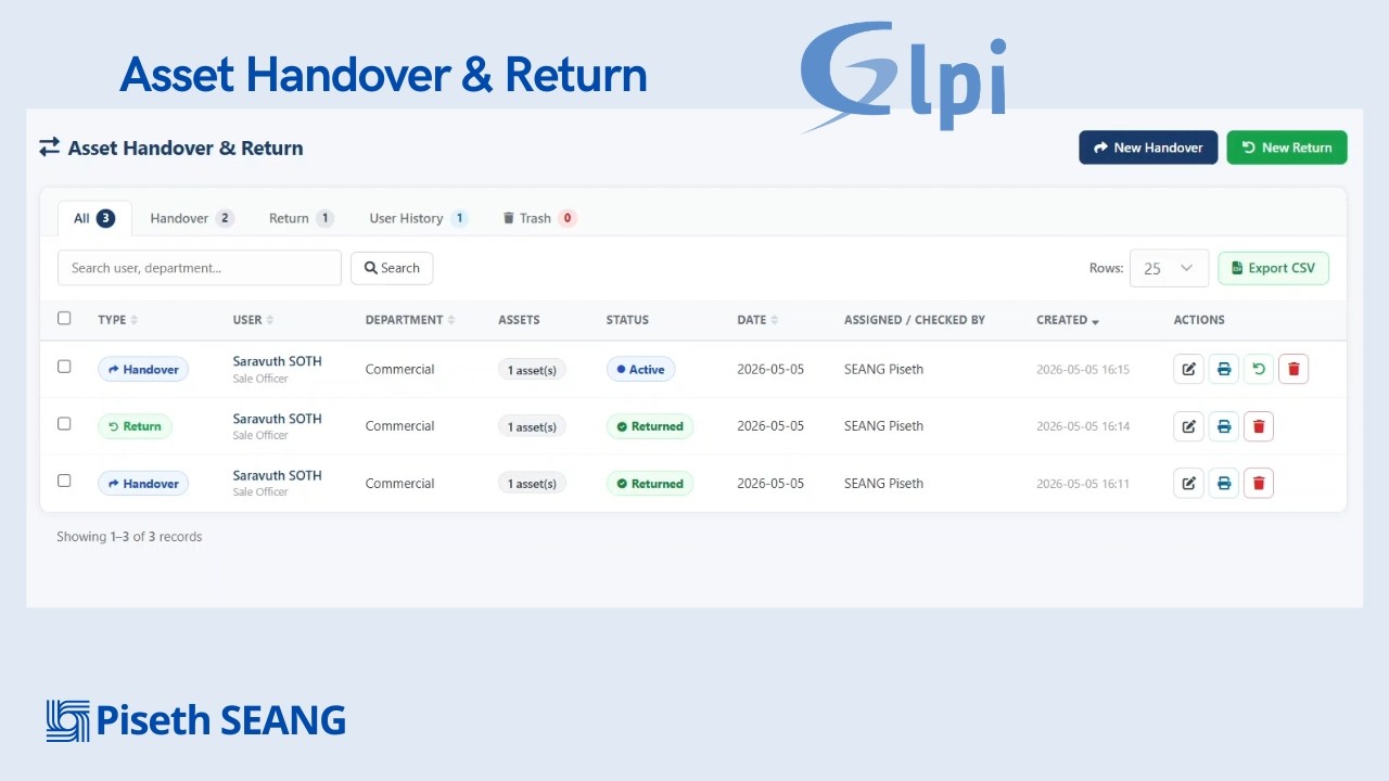 Smart Asset Tracking in GLPI 🚀 Handover & Return Plugin Demo
