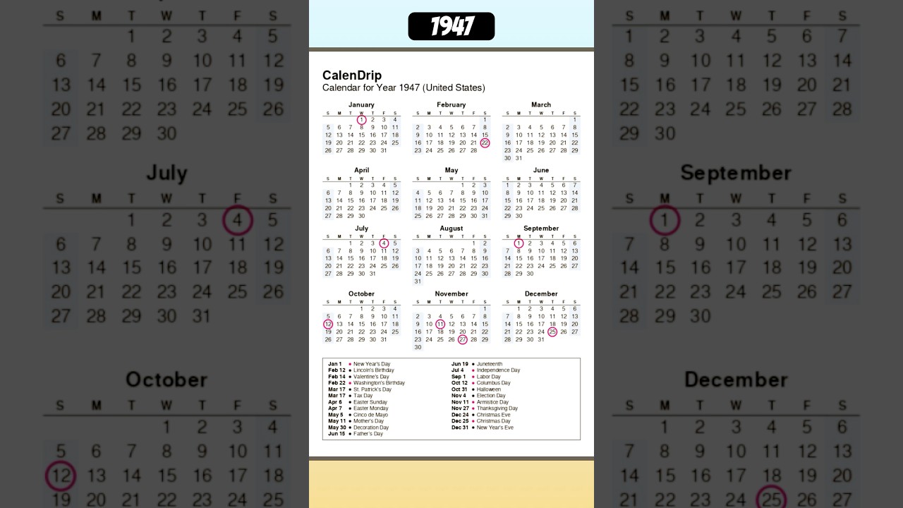 Calendar 1947 #monthsoftheyear
