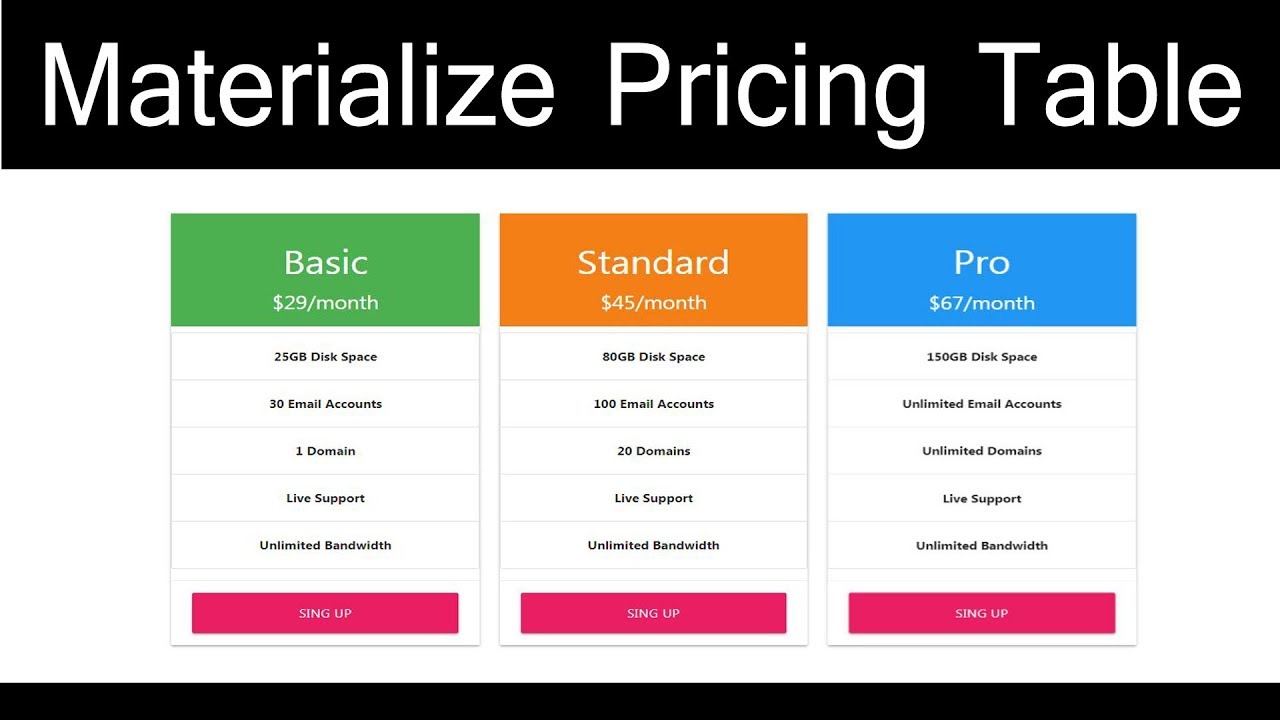 Materialize Css - Pricing Table