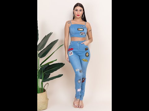 Plus size cartoon patch adjustable strap pocket micro-elastic denim two-piece set 049641