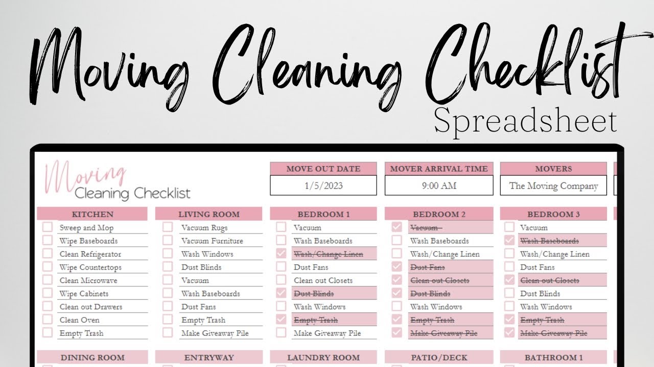 Moving Cleaning Checklist, Moving Cleaning Essentials, Cleaning Excel Template Google Sheets