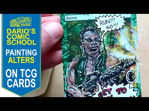 COMIC SCHOOL: Magic the Gathering Alter Tutorial / Painting with Acryls on Trading Card Game Cards!!