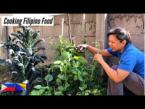COOKING FILIPINO FOOD SAUTEED MUNG BEAN WITH BITTER GOURD SHOOTS AND MALABAR SPINACH OR ALUGBATI