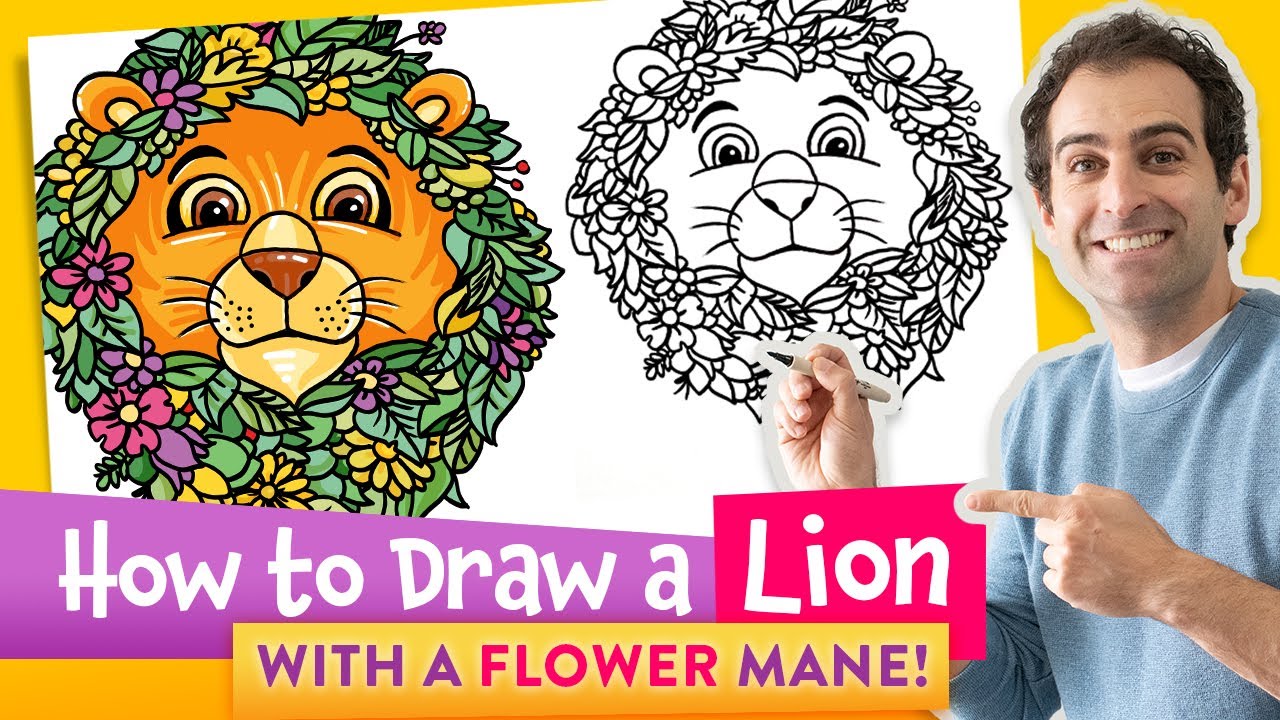 How to Draw a Lion with a FLOWER MANE – Kids Drawing Lesson! (Easy)