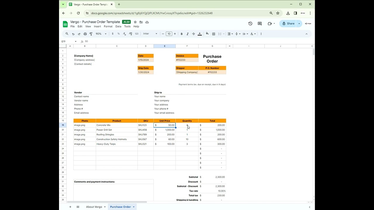 Vergo Purchase Order Template