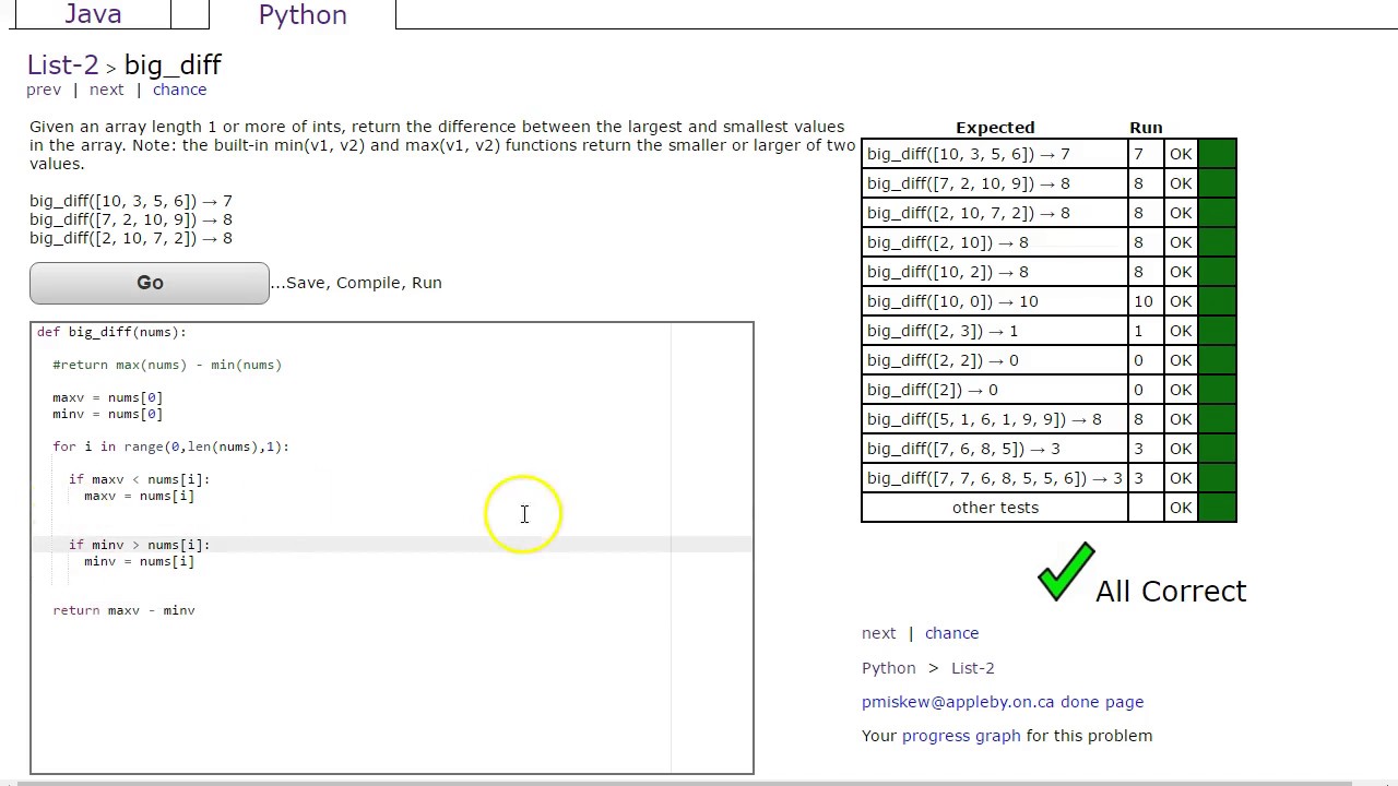 CodingBat - big_diff (Python - Lists2)