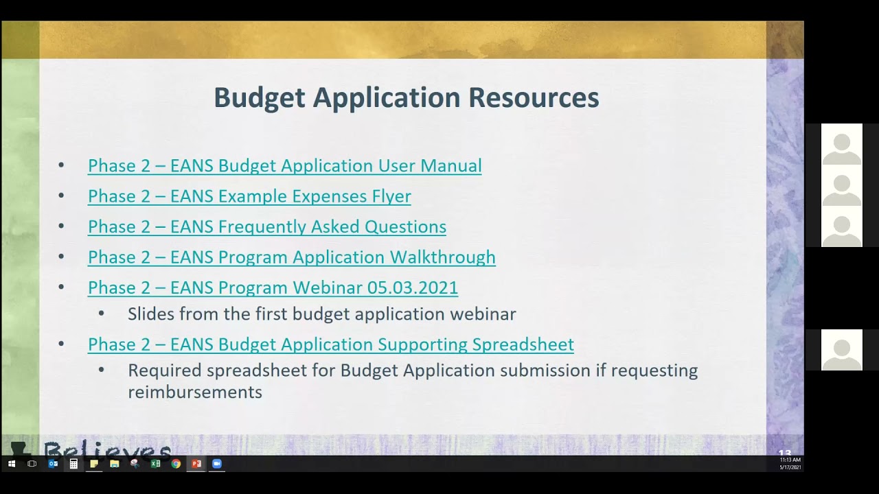 EANS Program Budget Application Webinar - Part 2 (5/17/21)