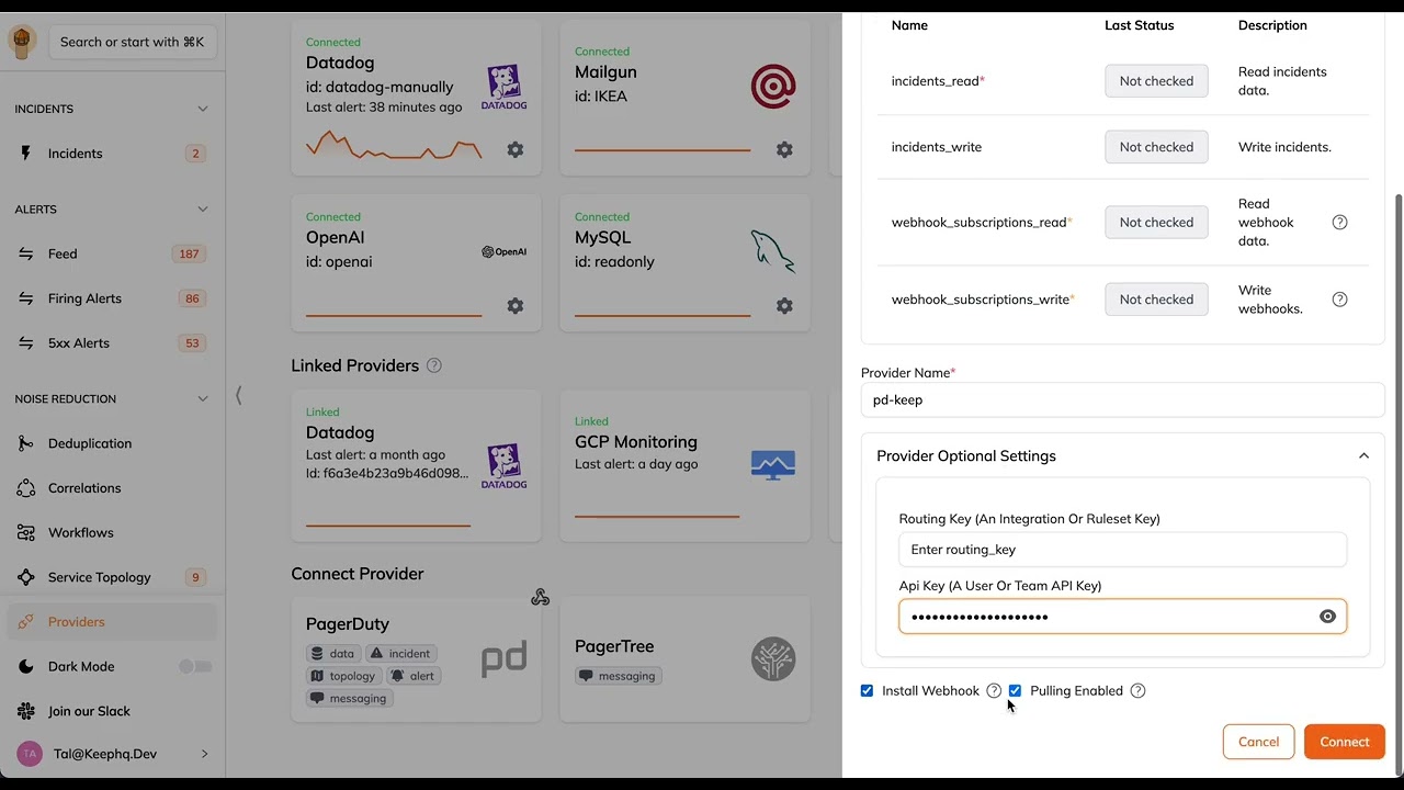 Connecting PagerDuty integration using API Key