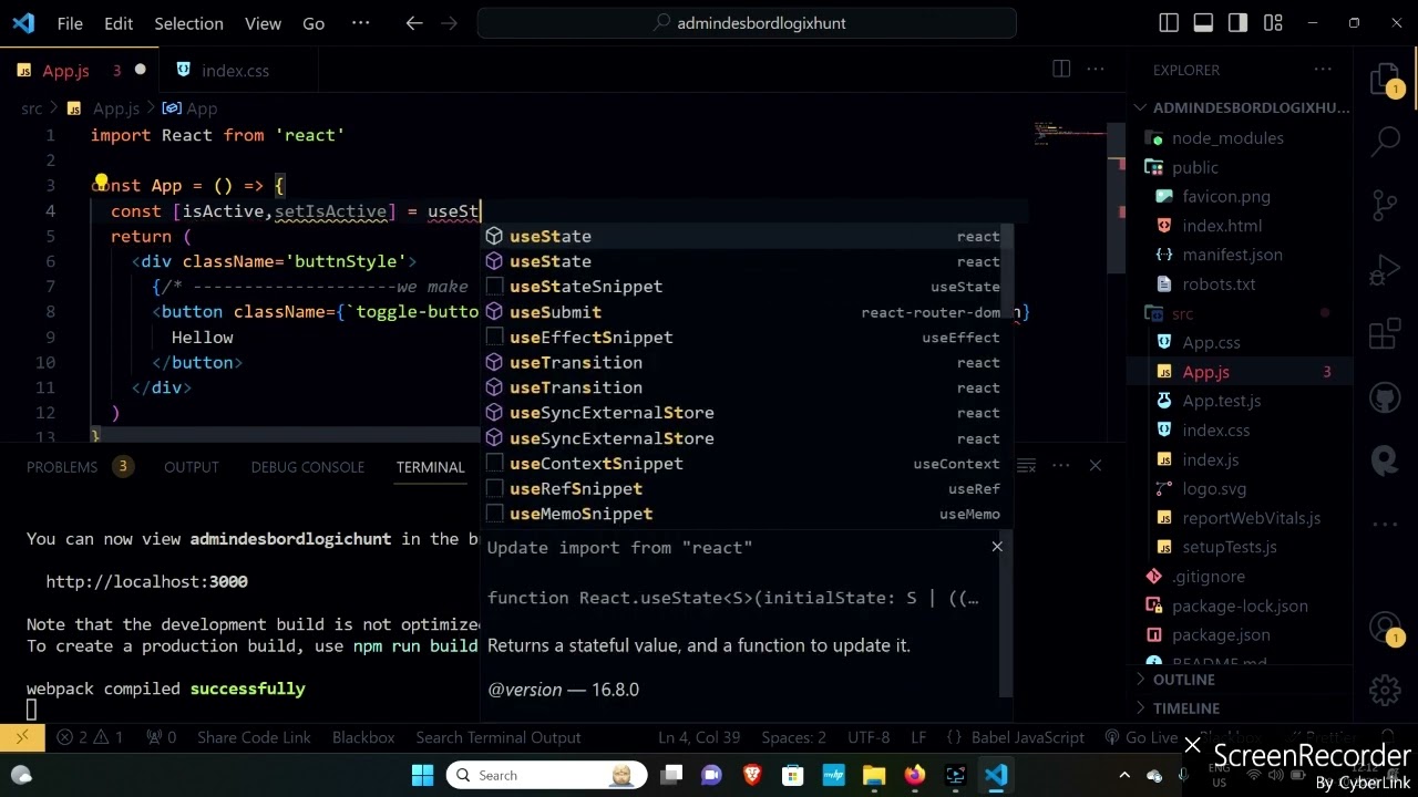 🔥To create a toggle button that switches between active and inactive in  React.Js 🔥
