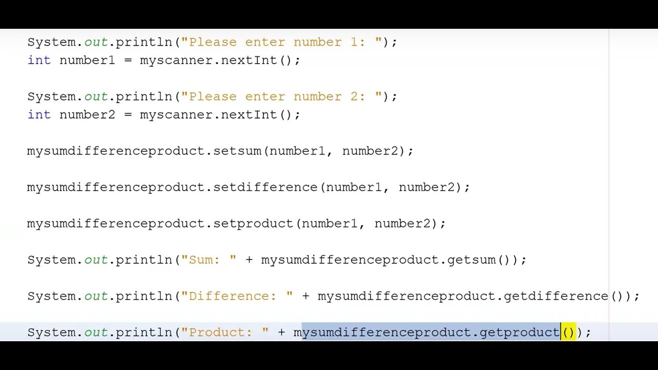 Java - Lesson #20 - sum, difference, product program