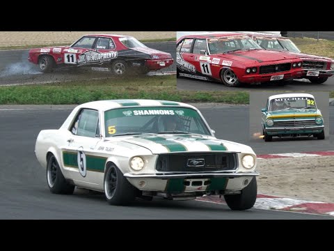 Group N Historic Touring cars & HQ Holdens R6 TCRC Symmons Plains great sounding 302W Mustang crash
